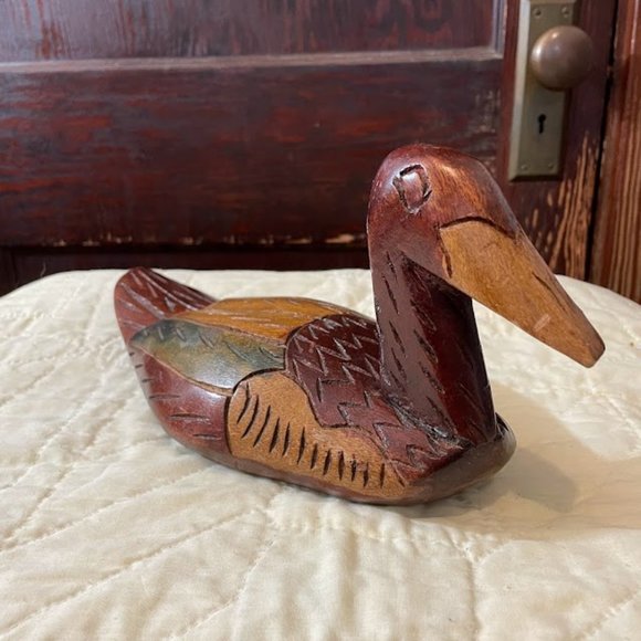 Accents | Primitive Folk Art Carved Wooden Duck Green Yellow Brown Wood ...